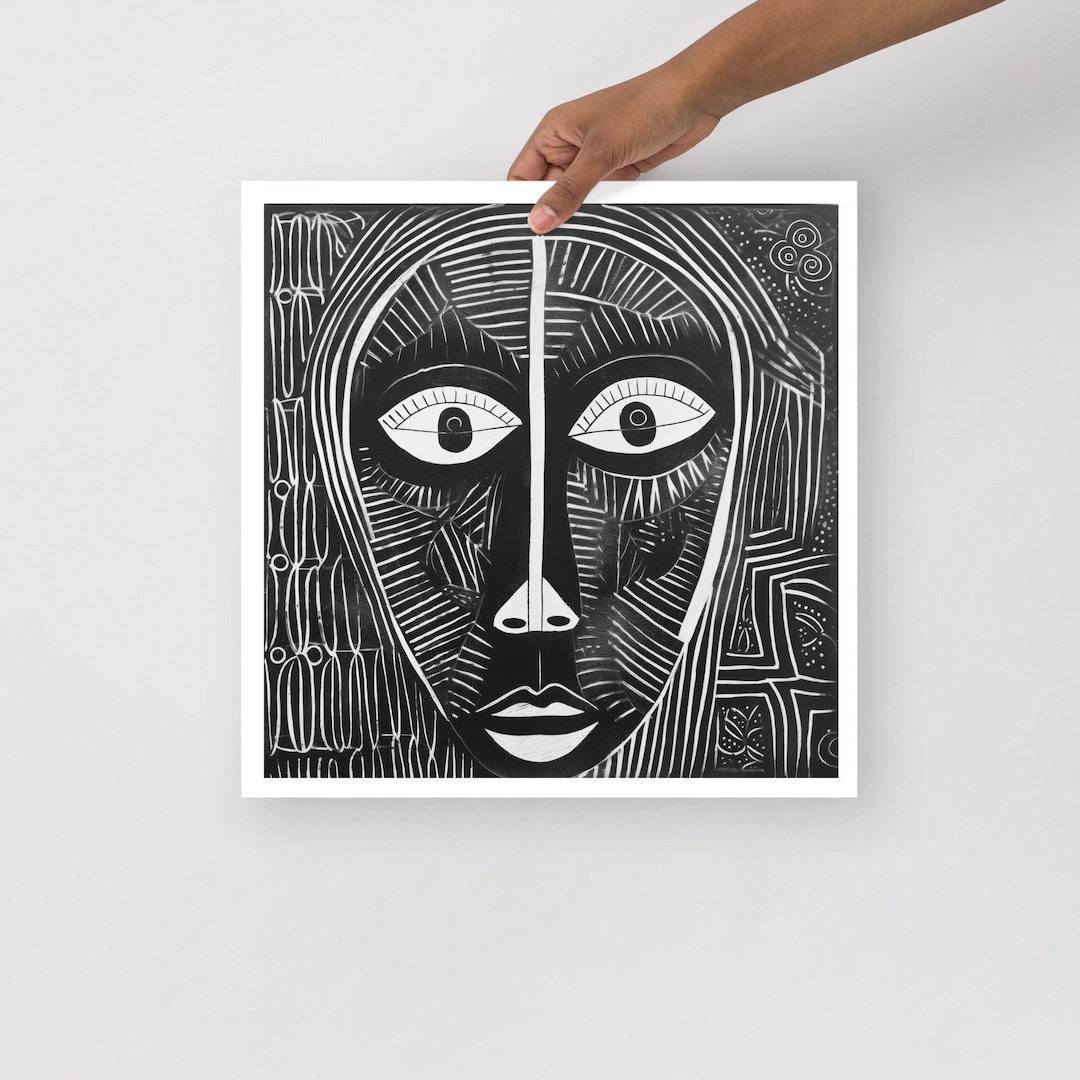 Tribal Mask - Linocut Style Art Brute Primitive Art Design Outsider ...