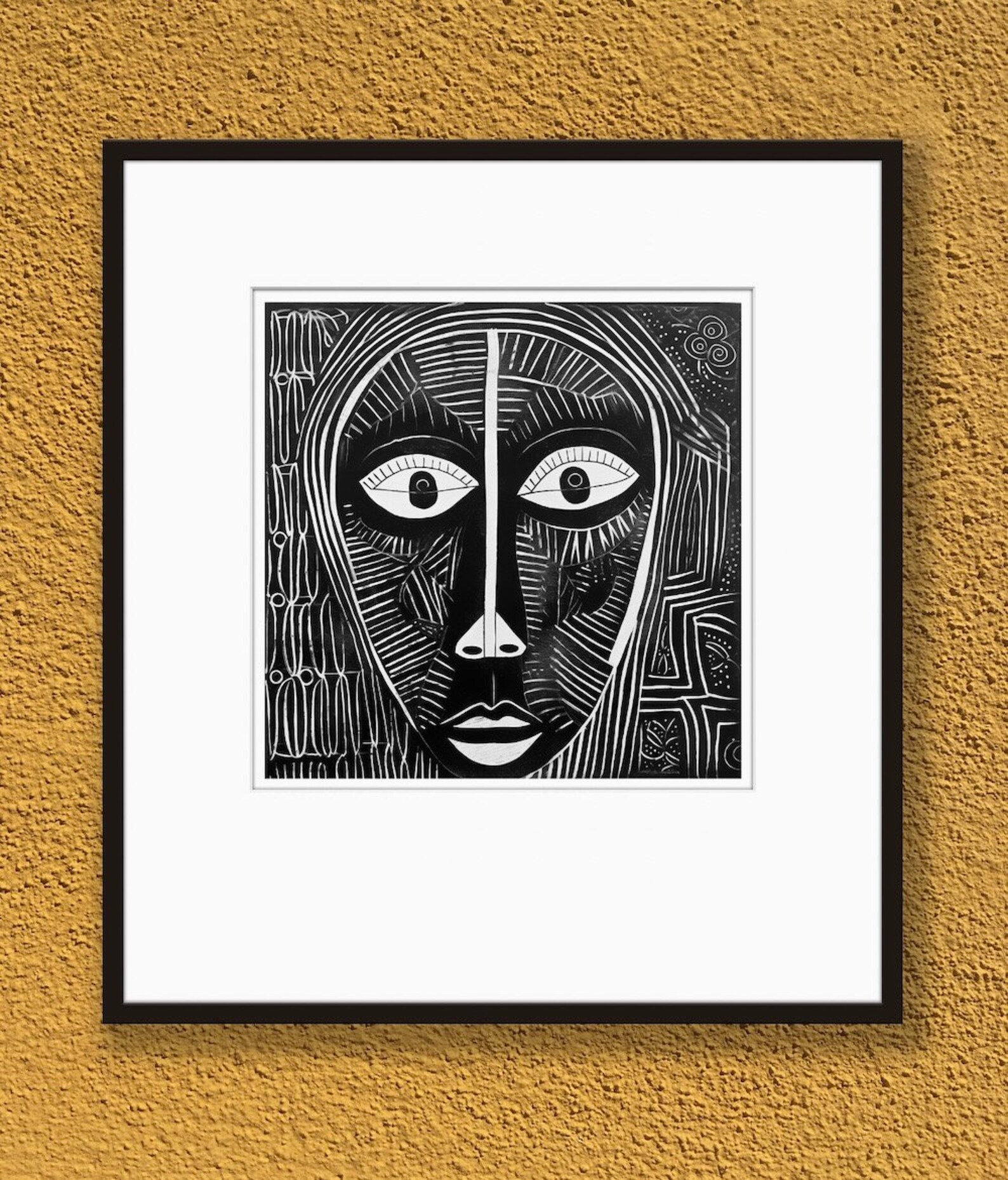 Tribal Mask - Linocut Style Art Brute Primitive Art Design Outsider ...