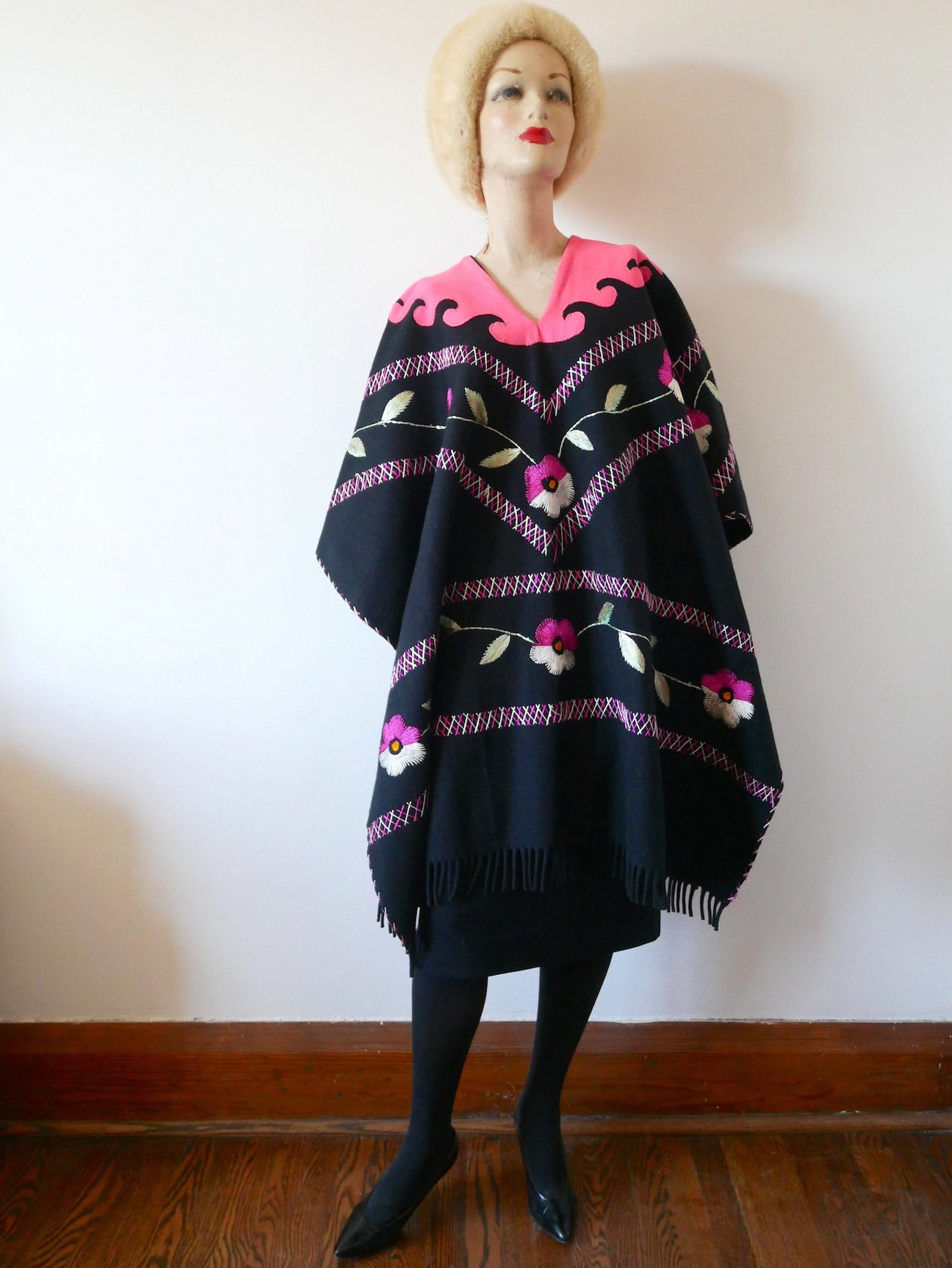 Vintage Embroidered Mexican Cape. Women's Black Wool Fringed Poncho ...