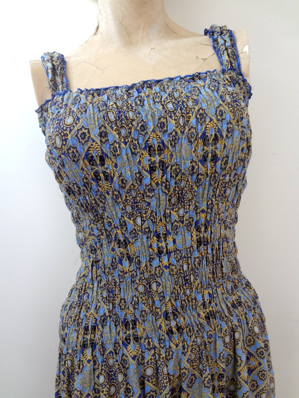 1980s Batik Sundress Vintage Ethnic Print Rayon Smocked 1980s Batik Sundress Vintage Ethnic Print Rayon Smocked