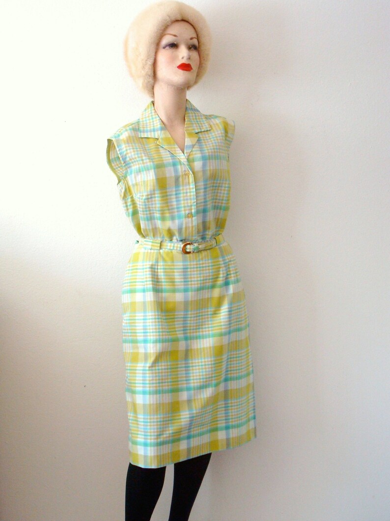 1960s Day Dress | Vintage Plaid Pencil Skirt and Blouse 2 Piece Spring ...