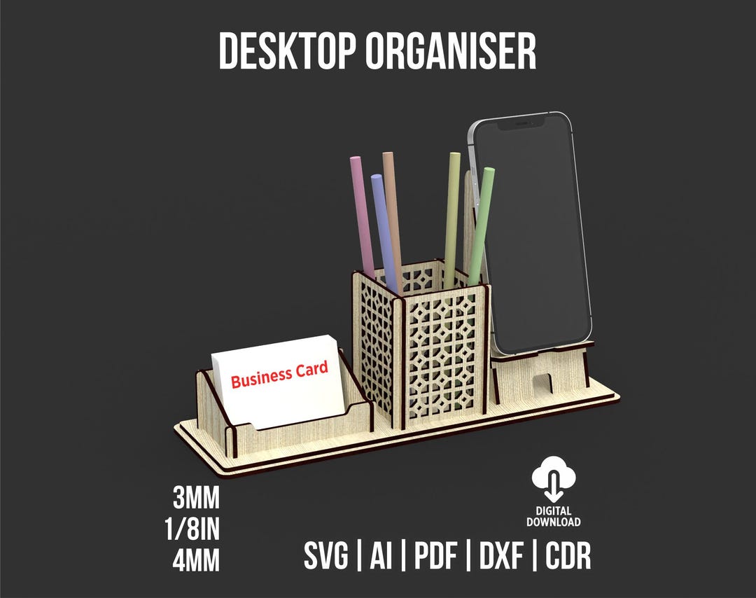Desktop Organizer Svg and Dxf Laser Cut Files, Business Card, Pen and ...