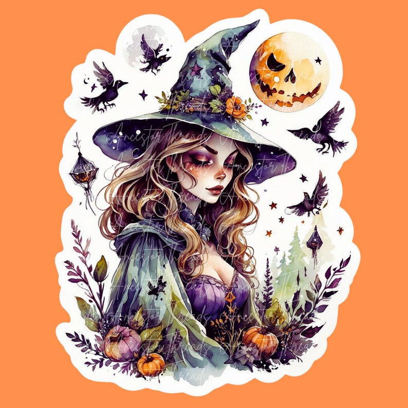Halloween Witch Watercolor Clipart – 10 Witchy Stickers PNG for ...