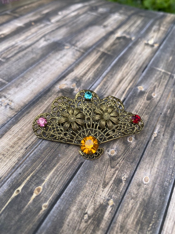 Beautiful Vintage Filigree Fan Brooch With Flowers and Multi - Etsy