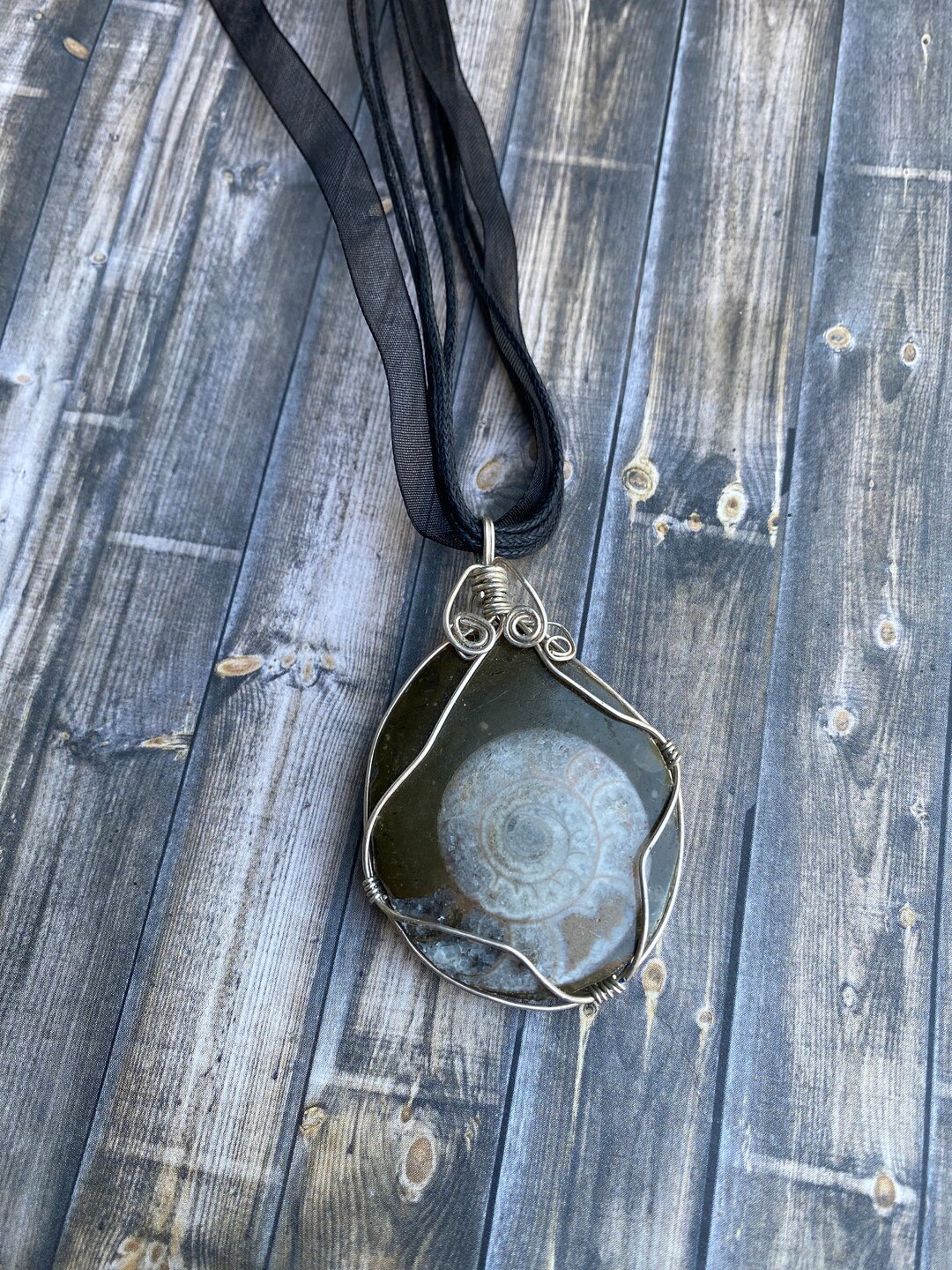 Pretty Ammolite Fossil Stone Wire Wrapped Necklace Swirl Shell - Etsy