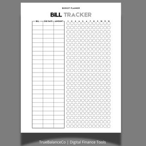 Yearly Bill Tracker Printable | Minimal Black and White Finance ...