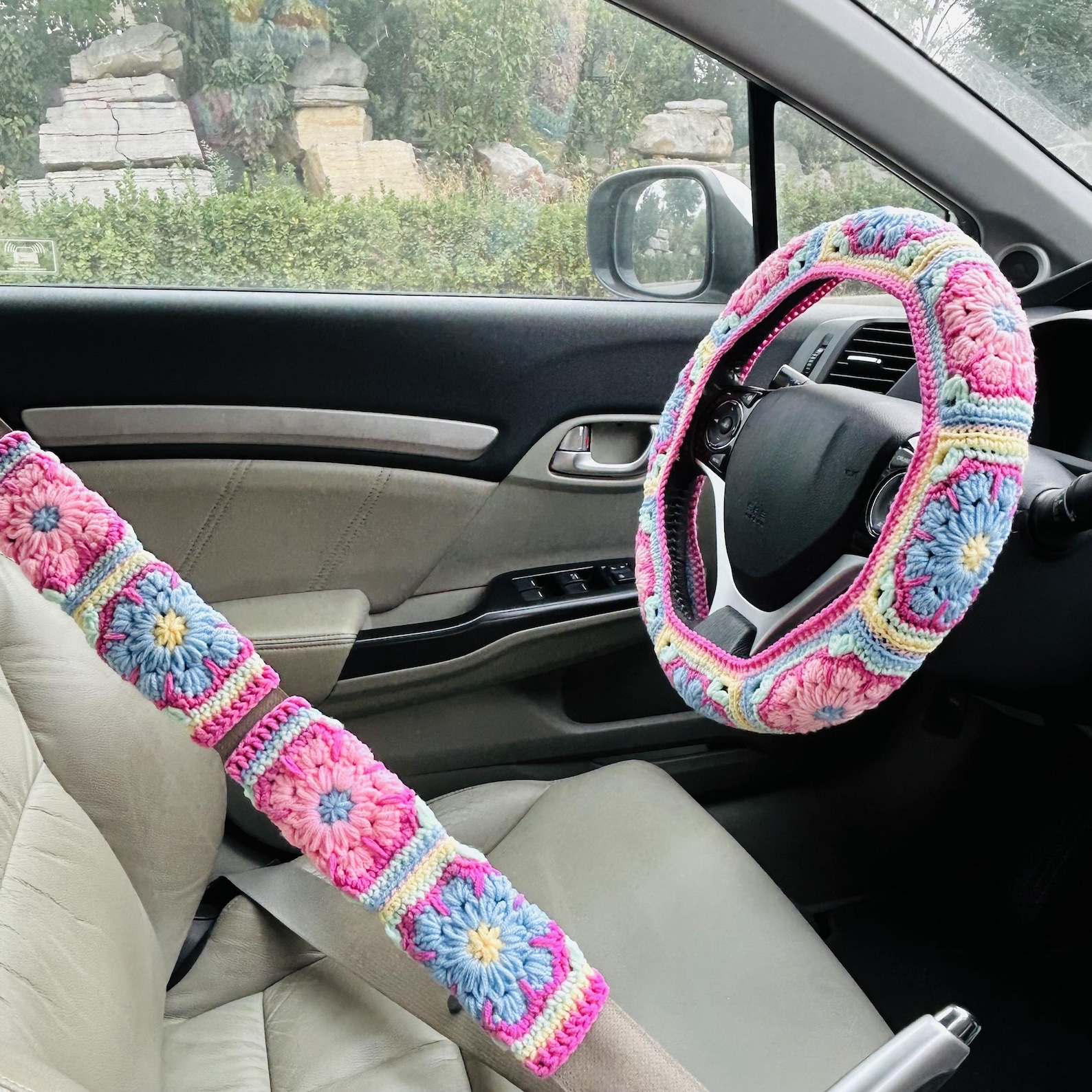 Handmade Steering Wheel Cover Rainbow Colorful Gesang Flowers Vantage ...