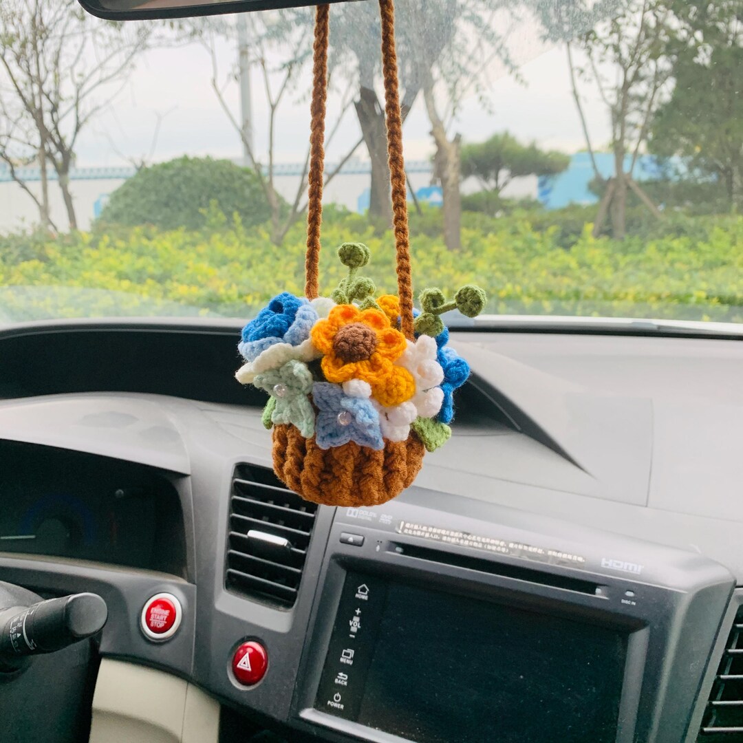 Handmade Crochet Blue Flower Basket Car Charm Rearview Mirror Hanging ...