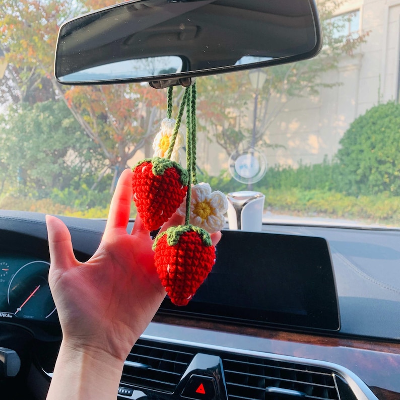 Handmade Crochet Strawberry & Flower Car Mirror Charm Fruit Rearview ...