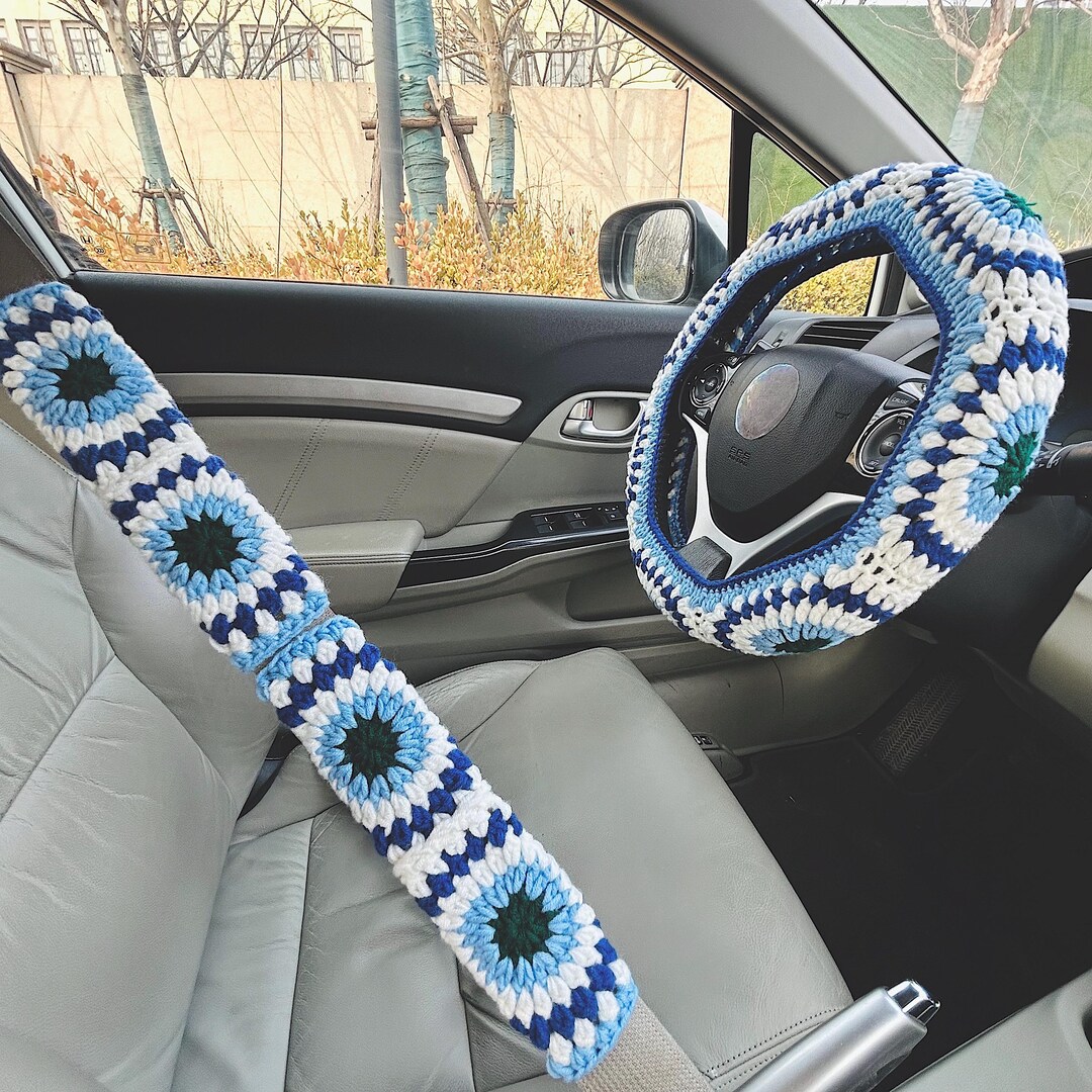 Steering Wheel Cover Blue Eye Vantage Flower Crochet Seat Belt Cover ...