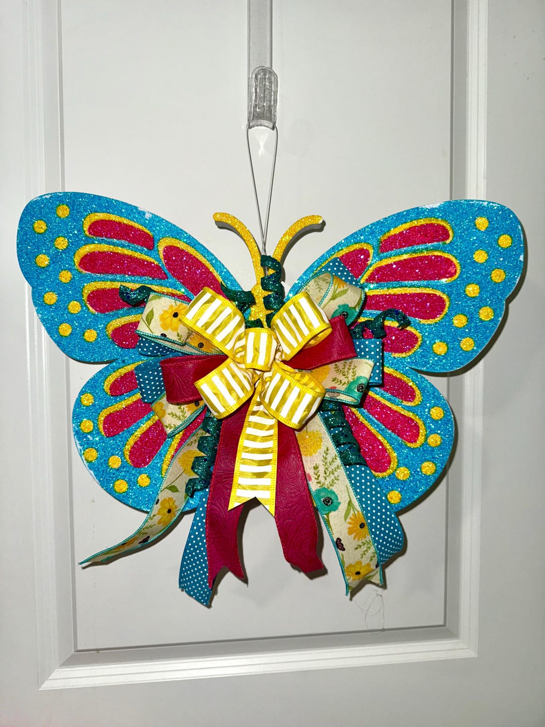 Butterfly Door Hanger, Glittery Springtime Wall Hanger. Pink, Yellow ...