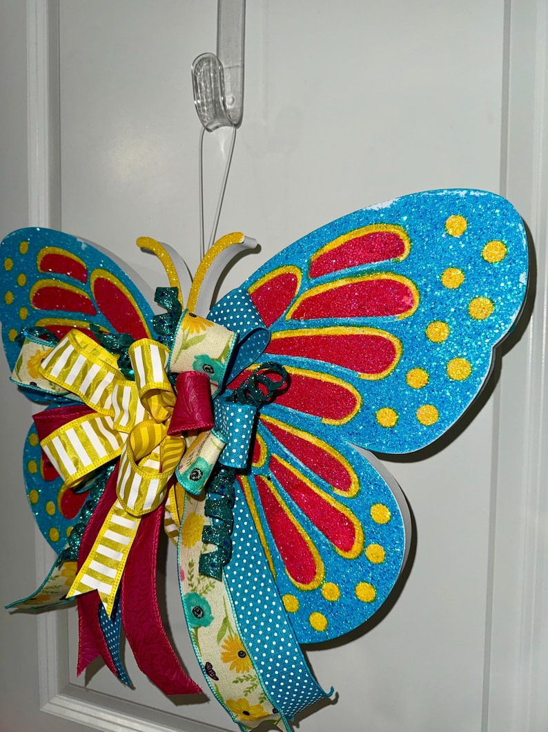 Butterfly Door Hanger, Glittery Springtime Wall Hanger. Pink, Yellow ...