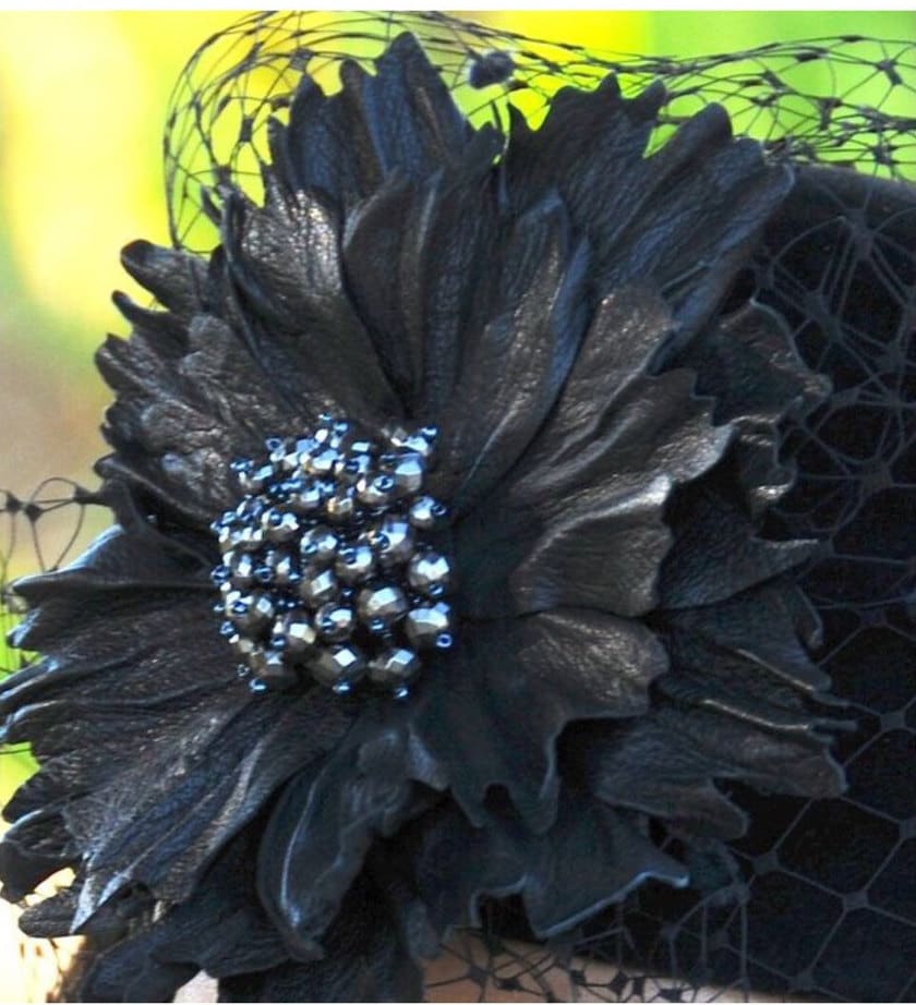 Black Flower Fascinator, Black Leather Flower Hat, Black Cocktail Hat ...