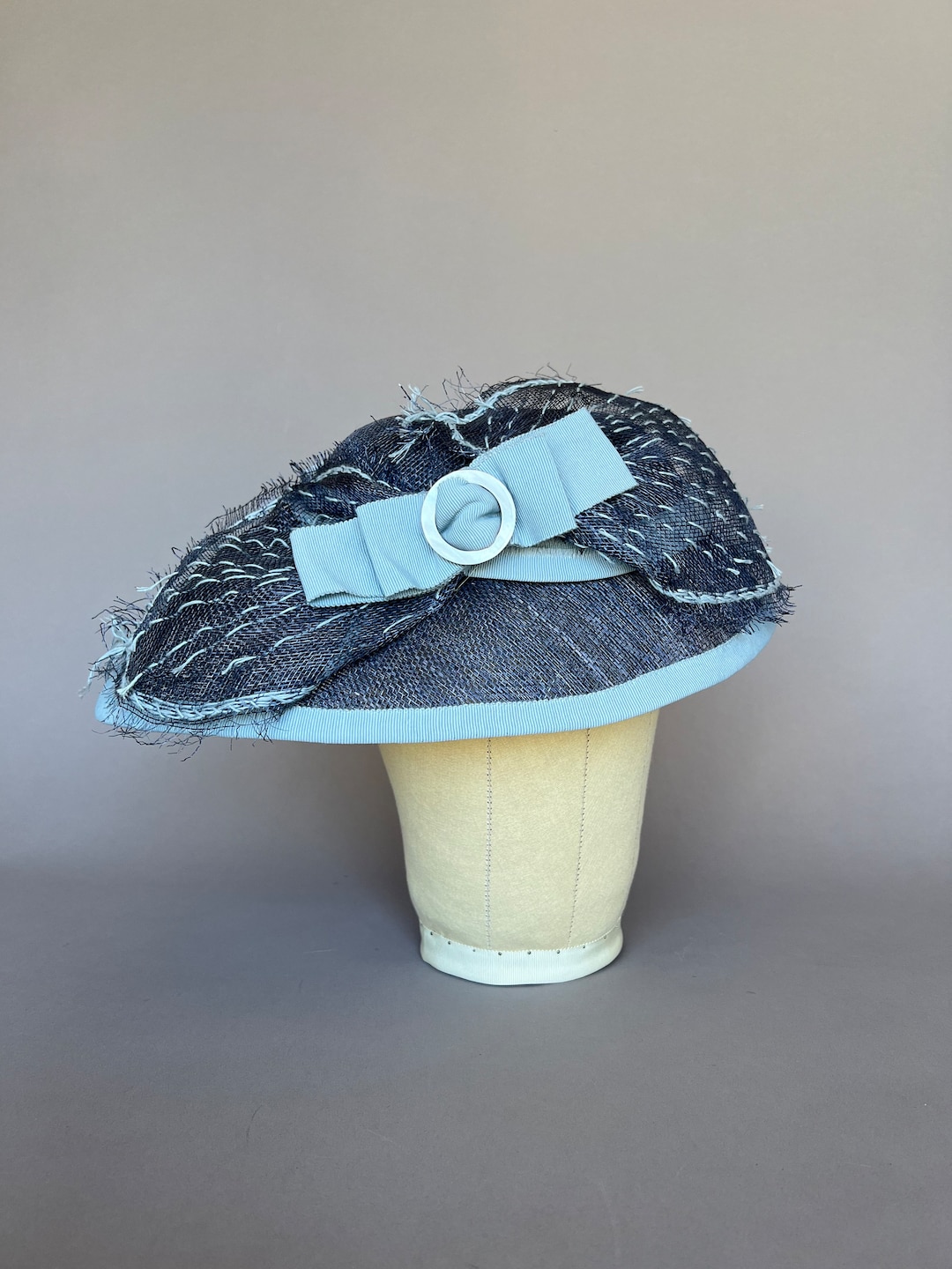 Blue Derby Hat, Blue Retro Style Hat, Blue Bow Headpiece, Elegant ...