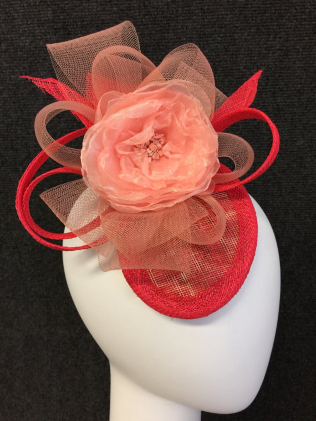 Red Fascinator With Peach Flower, Red Cocktail Hat, Red Headpiece With ...