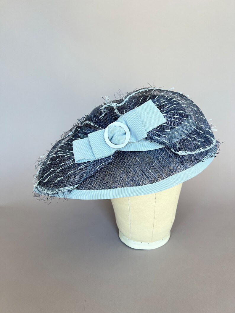 Blue Derby Hat, Blue Retro Style Hat, Blue Bow Headpiece, Elegant ...