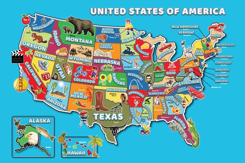 PRINTABLE United States Kids Map – USA States Capital Geography ...