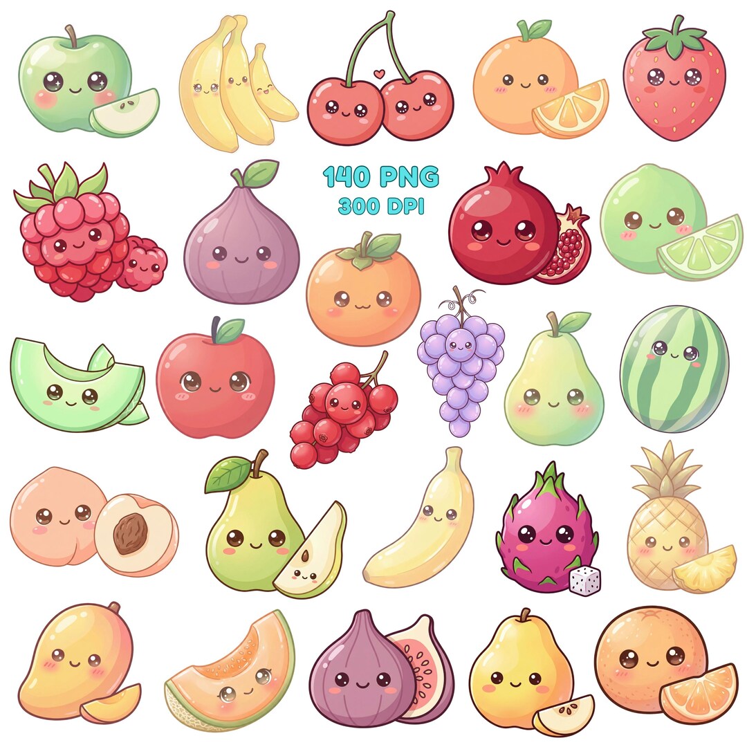 Kawaii Fruit Clipart | 140 Clipart PNG Digital Download, Scrapbooking ...