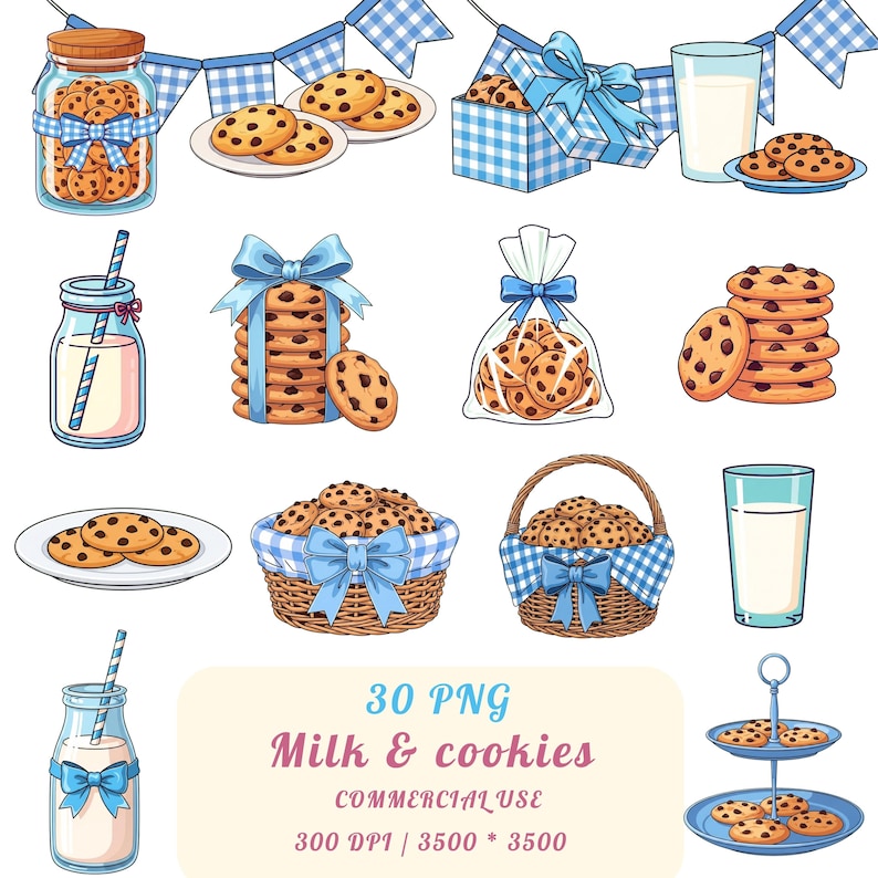Cartoon Milk & Cookies Clipart Set: 30 PNG, Milk, Sweet Treats for DIY ...