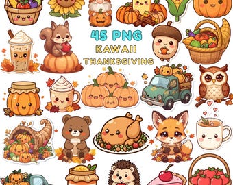Kawaii Thanksgiving Clipart Set, Fall Harvest PNG Digital Download ...