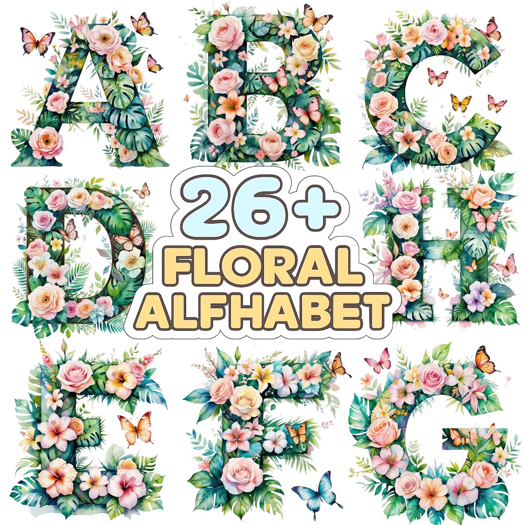 Floral Alphabet Letter Clipart Bundle 26 PNG, Watercolor Letter ...