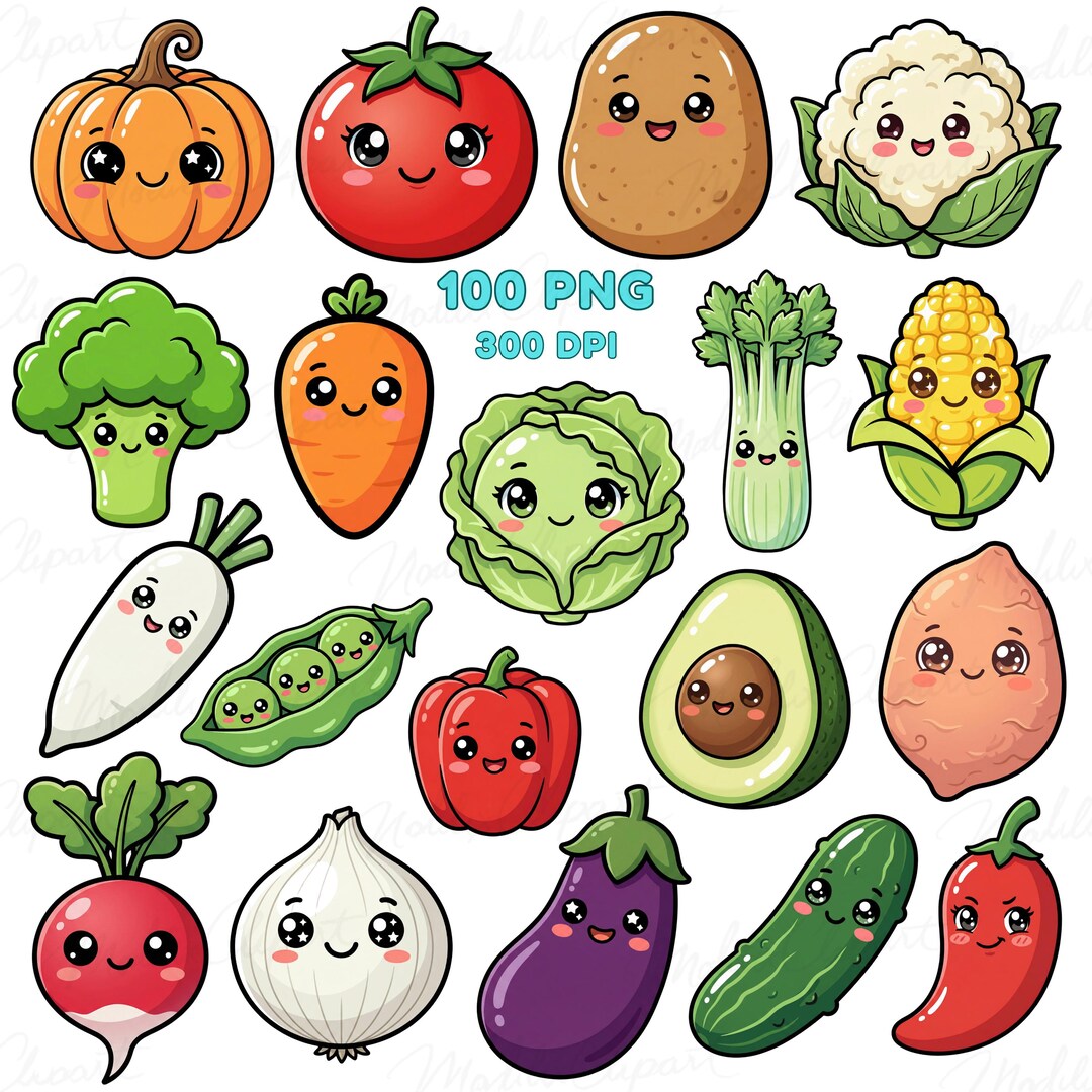 Kawaii Veggie Friends Clipart Collection — Vegetable Set, Sticker-ready ...