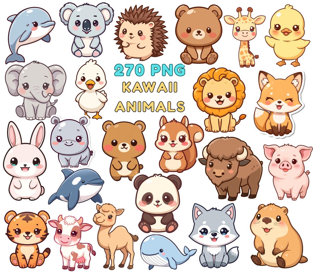 Kawaii Animals Clipart Bundle, 270 PNG Baby Animal Illustrations ...
