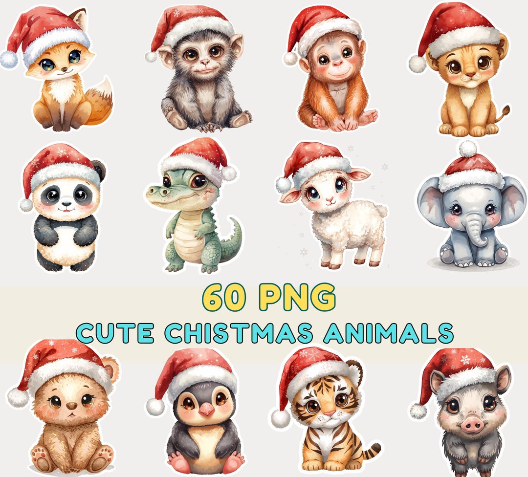 Watercolor Christmas Baby Animals Clipart - 60 PNG Holiday Graphics - Etsy