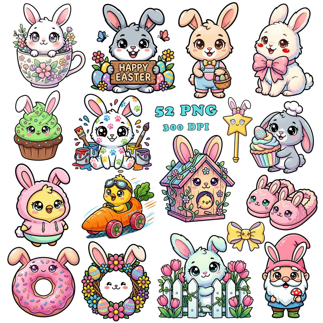 Easter Kawaii Bunny Clipart Set - Pastel Rabbits for Holiday Stickers ...