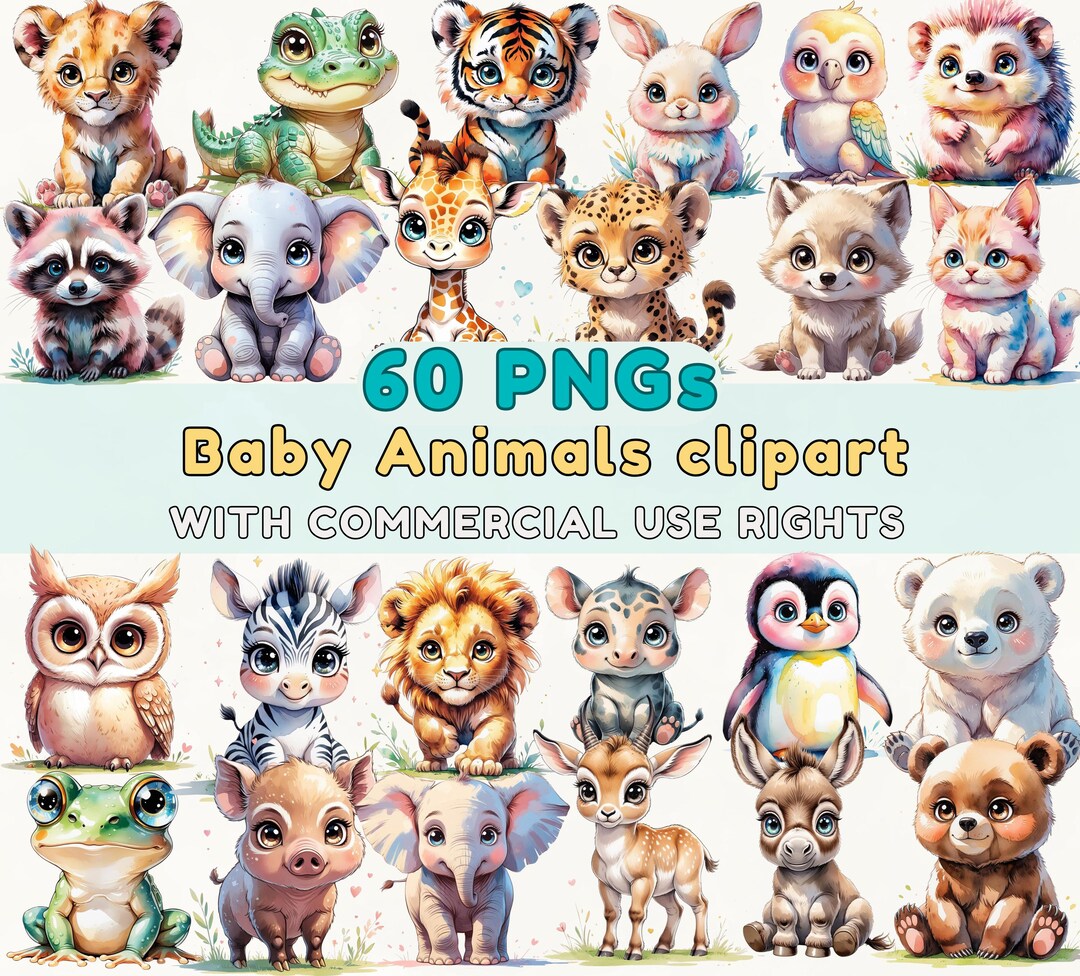 Watercolor Animals Clipart Bundle: 60 PNG Files, Nursery Decor Digital ...
