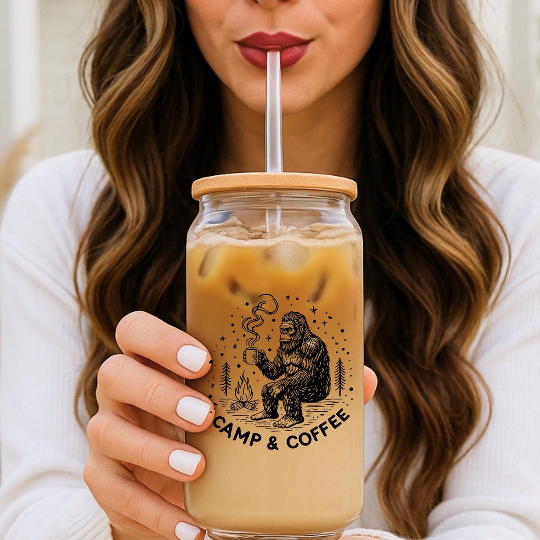 Camp & Coffee Glass Cup – Bigfoot Iced Coffee Tumbler With Bamboo Lid ...
