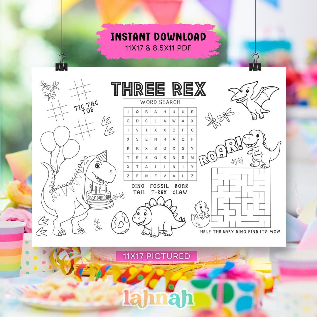 Three Rex Dinosaur Birthday Coloring Placemat: 3rd Birthday Activity ...