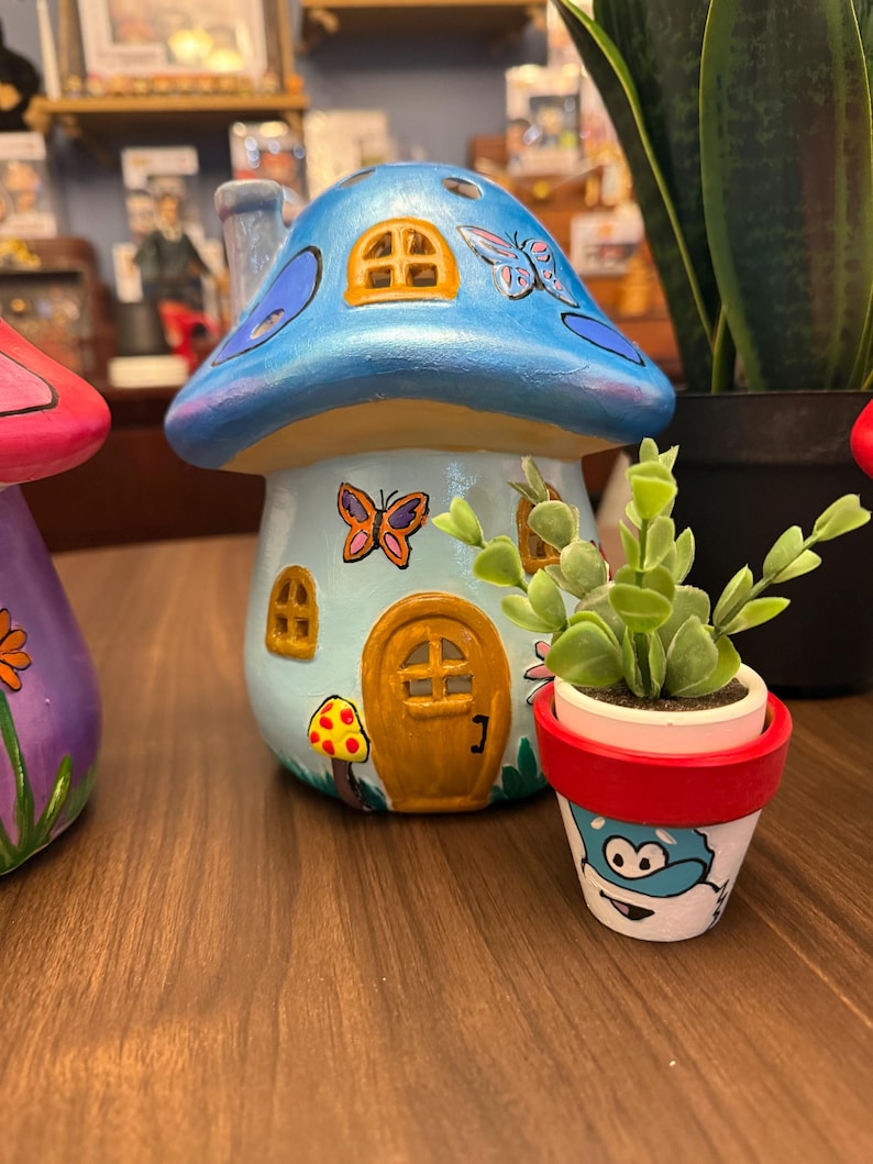 Hand-painted Smurfs Light up Mushroom House With 2 Smurf Mini Planters ...