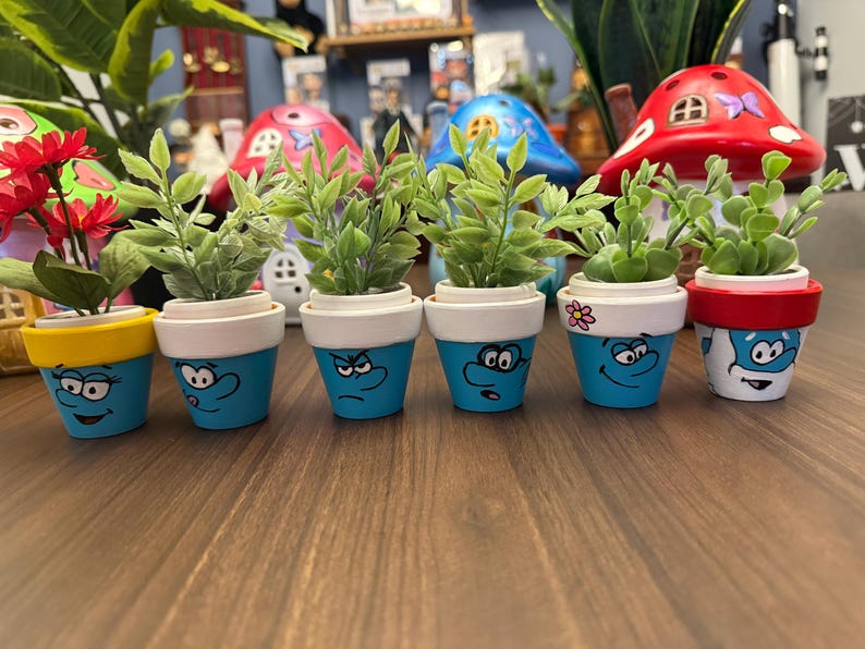 Hand-painted Smurfs Light up Mushroom House With 2 Smurf Mini Planters ...