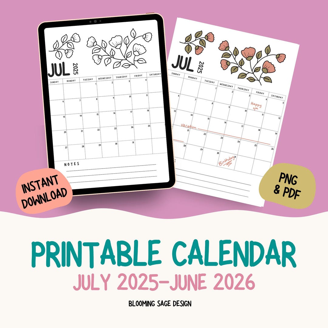 Calendario imprimible para colorear 2025-2026 / Julio 2025-junio 2026 / Páginas de arte con ...