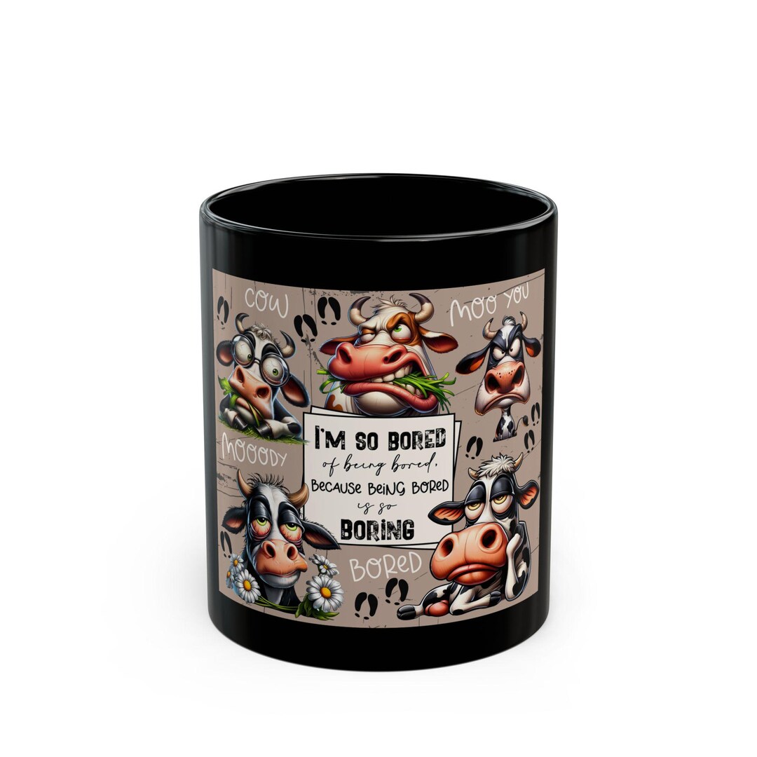 Bored Cow Cartoon Mug | Black Ceramic Coffee Cup - Etsy