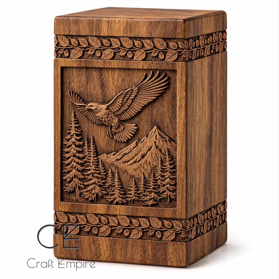 Hand Carved Wooden Cremation Urn – Eagle Mountain Memorial Box – Rustic ...