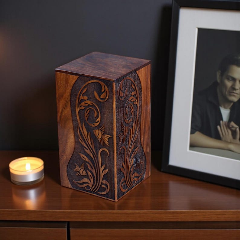Handcrafted Rosewood Cremation Urn Box: Floral & Angel Fish Carving - Etsy