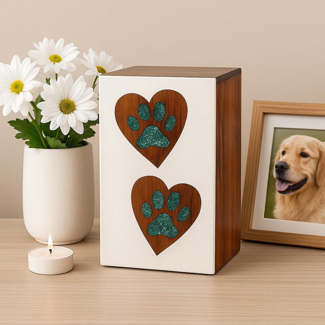 Handmade Wooden Pet Urn, Heart Paw Inlay, Custom Engraved Memorial - Etsy
