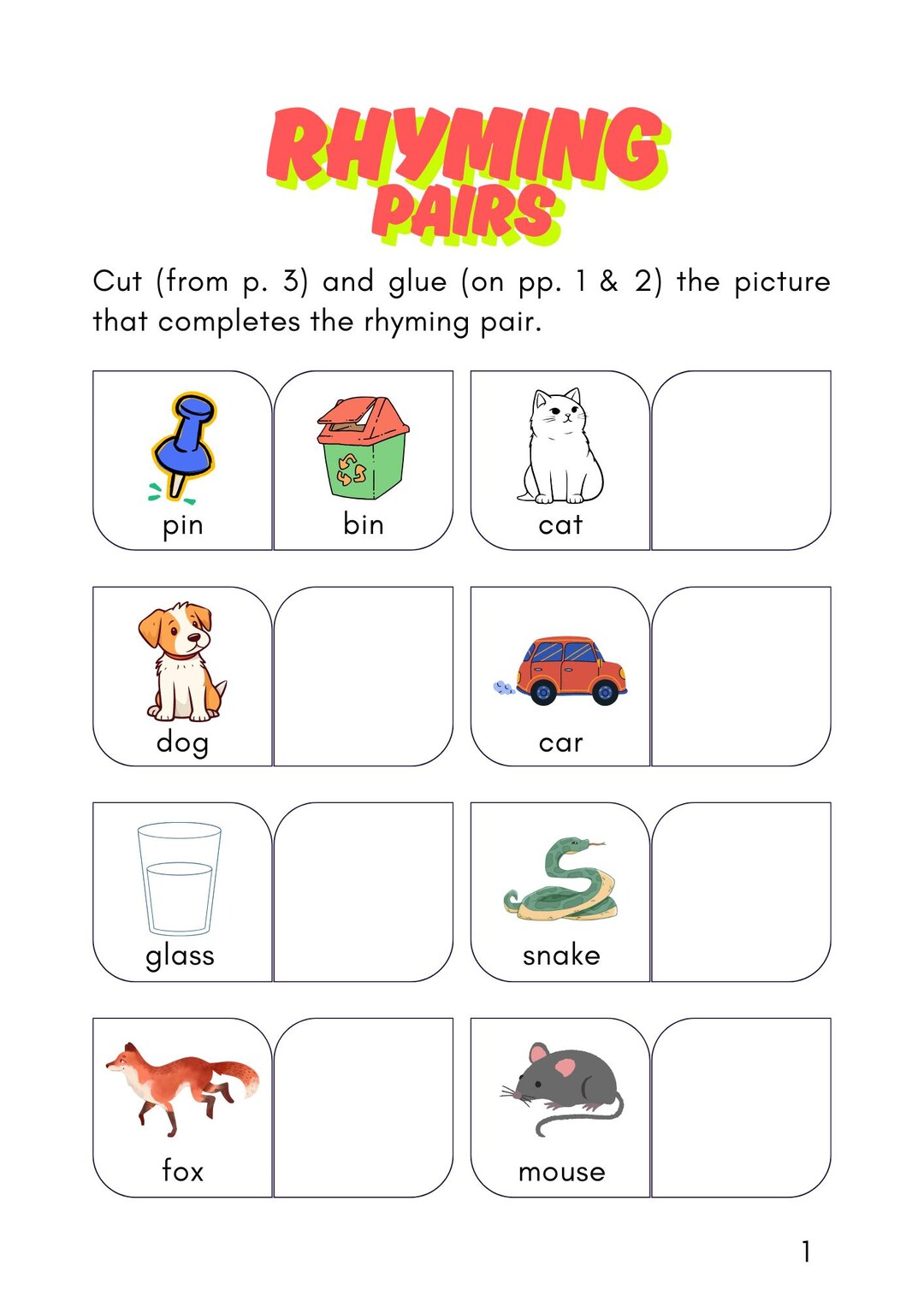 Rhyming Pairs Worksheet: Fine Motor Skills Activity (PDF Downloadable ...
