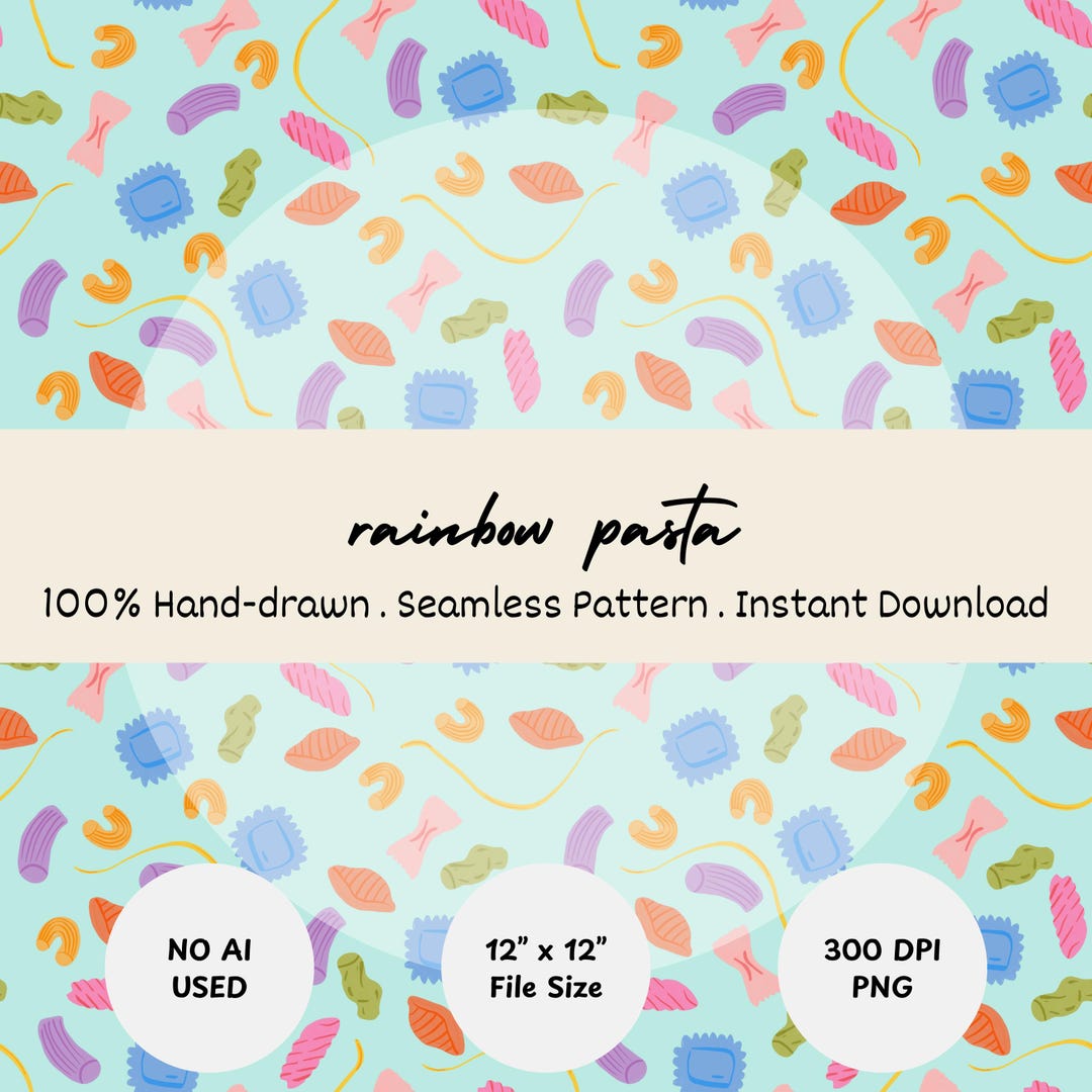 Rainbow Pasta Seamless Pattern, Fun Food Repeating Print, Colourful ...
