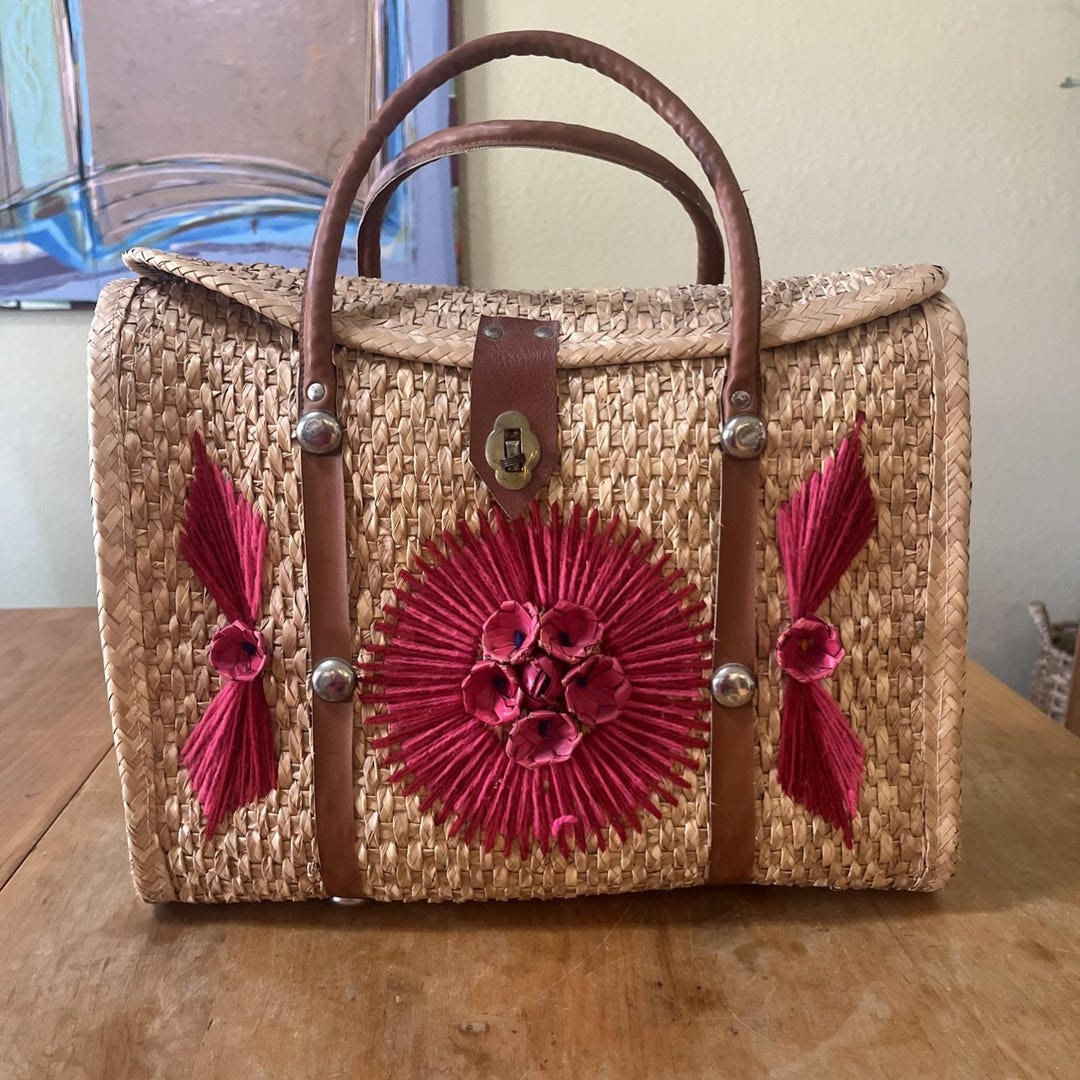 Vtg 70s Straw Woven Shopper Tote Beach Bag Rattan Flowers 15x15in ...