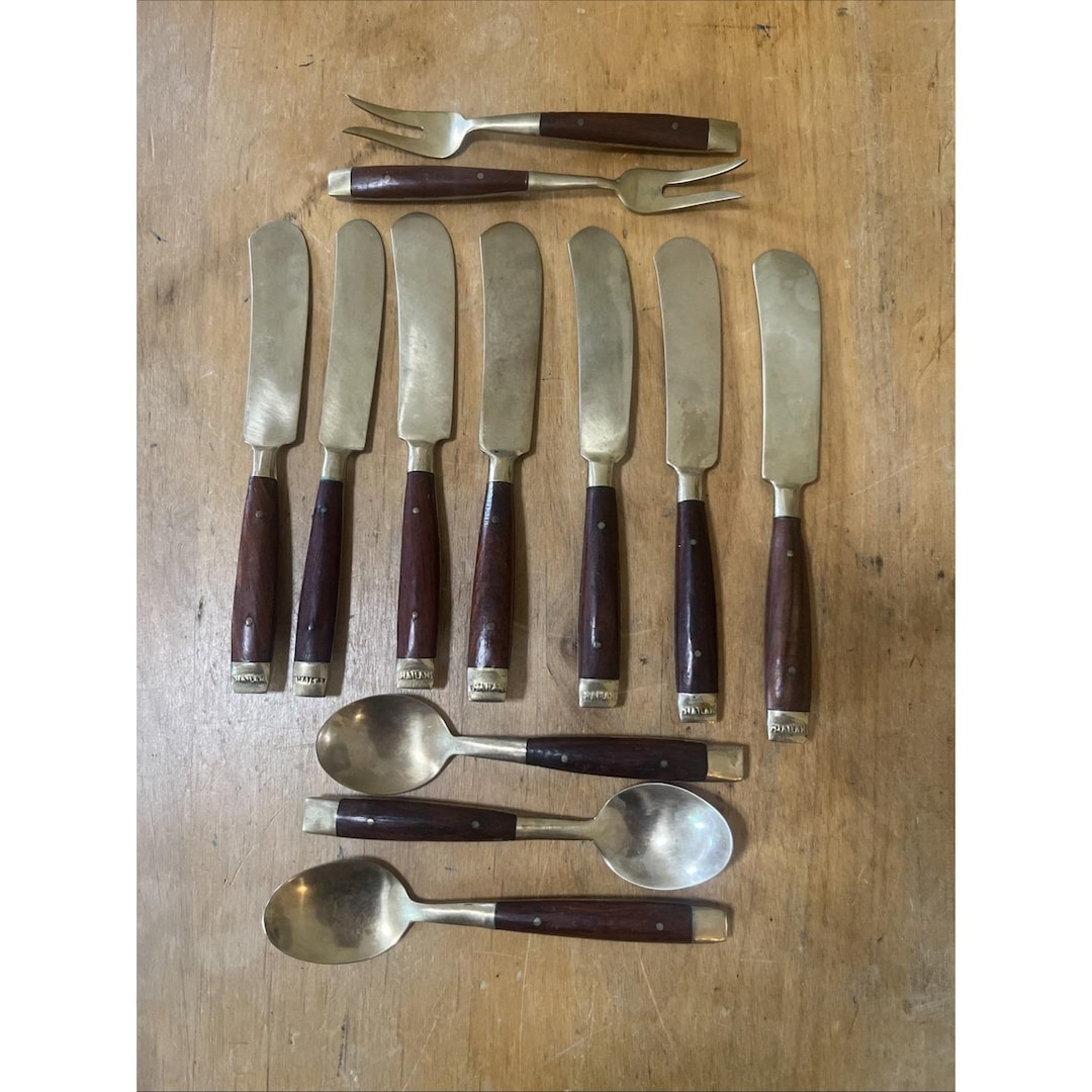 Thai Bronze W Teak or Rosewood Handles 2 Forks 7 Knives 2 Spoons ...