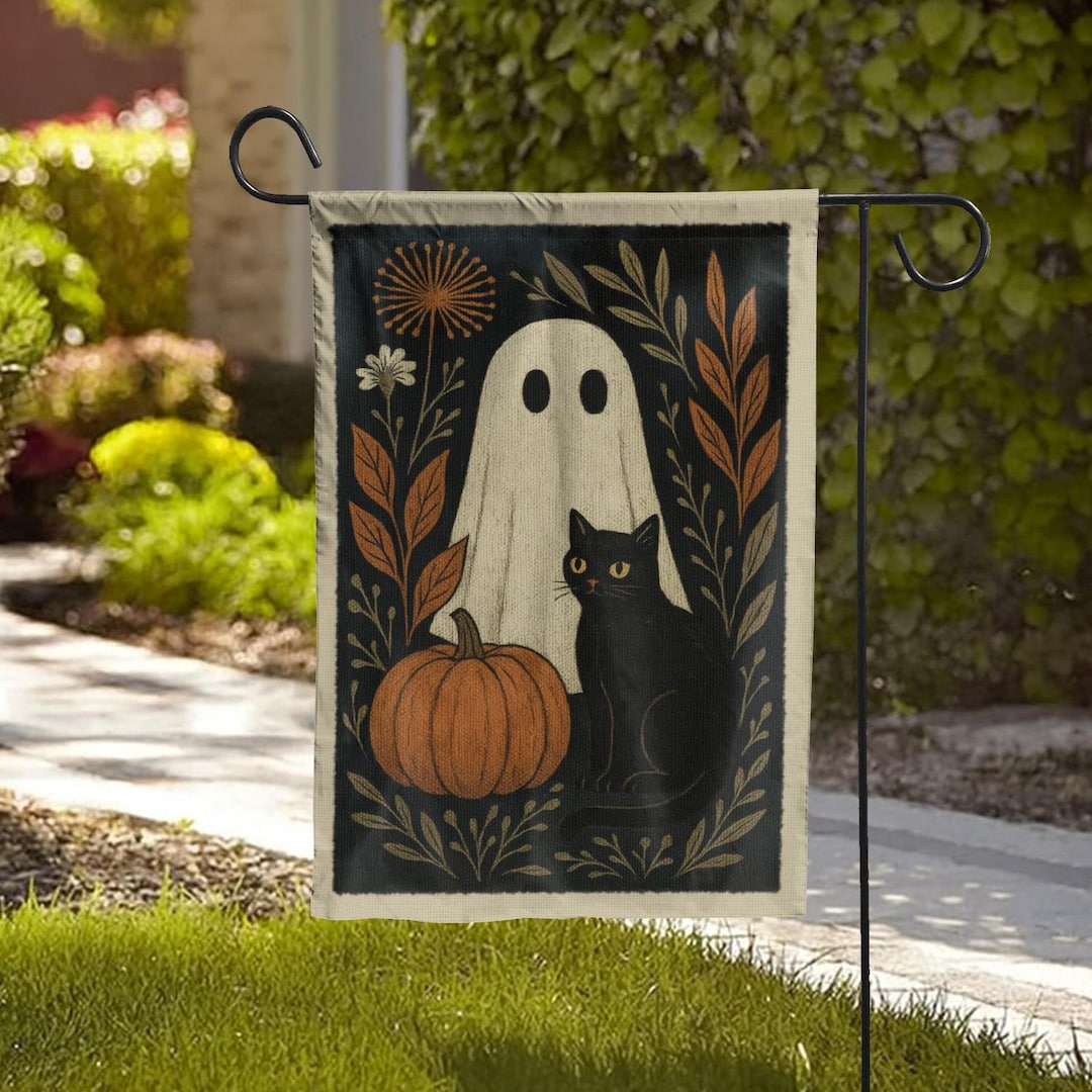 Vintage Ghost and Black Cat Halloween Flag, Halloween Garden Flag ...