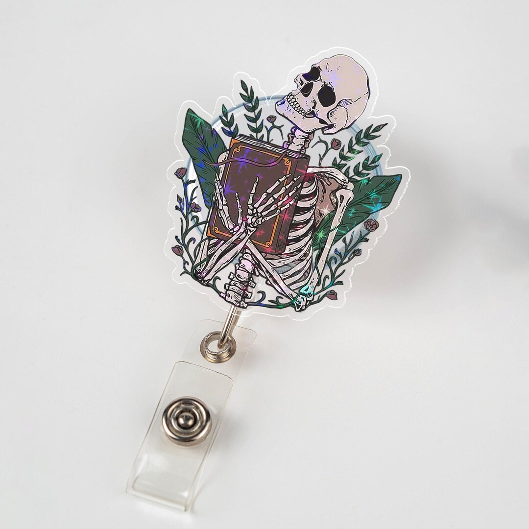 Skeleton Book Badge Reel, Halloween Skeleton Badge, Book ID Tag Clip ...