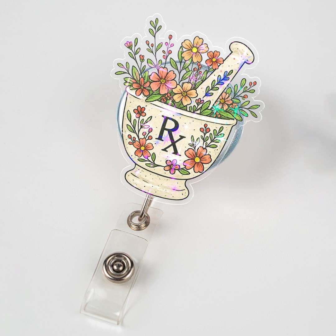 Floral RX Bowl Badge Reel, Pharmacist Badge Reel, Pharmacy Tech ID ...