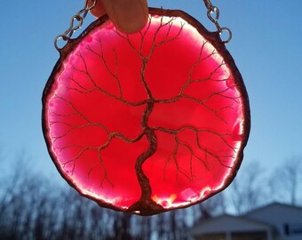 Copper Wire Tree of Life Metal Wall Art Sculpture on A Pink Agate Stone ...