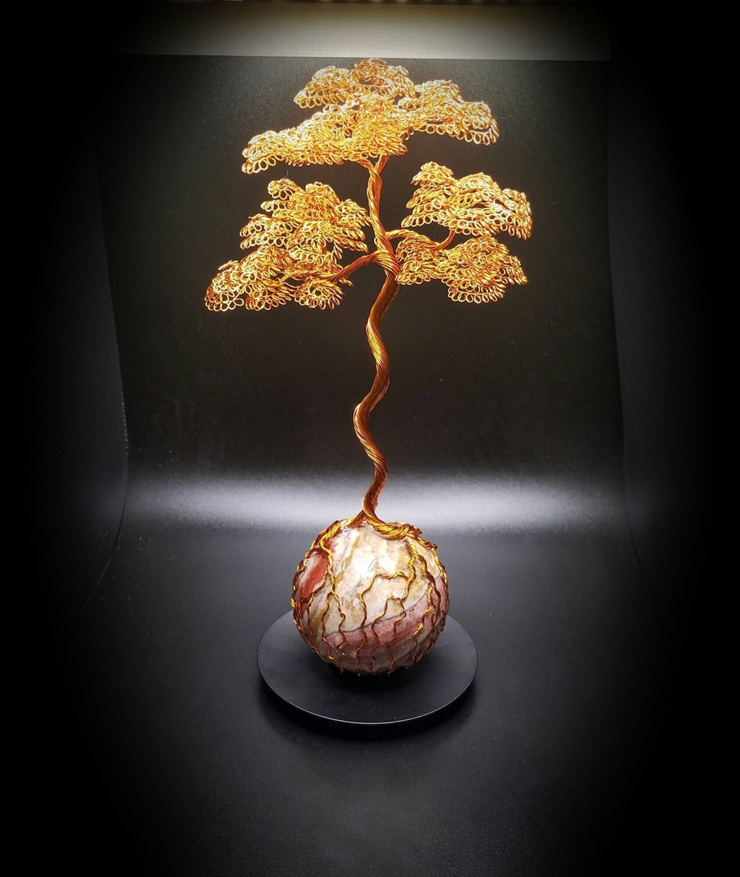 Copper Bonsai Tree Sculpture on a Red Banded Calcite Gemstone Sphere on ...
