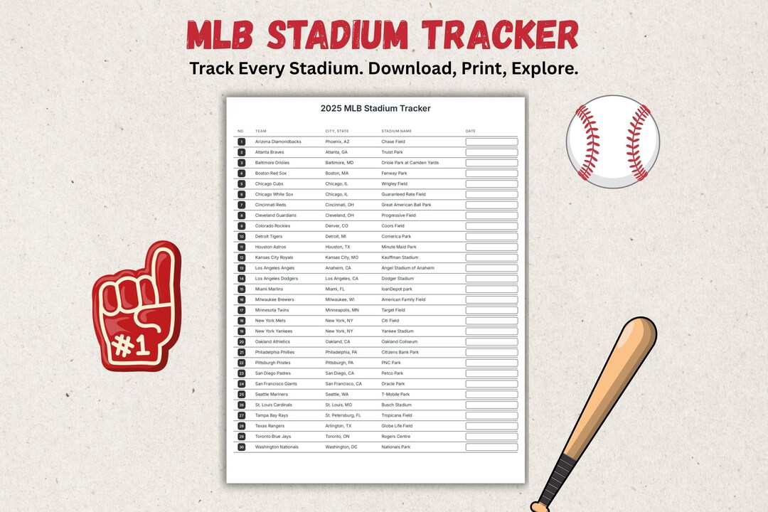 2025/2026 MLB Stadium Tracker Printable | Baseball Bucket List ...