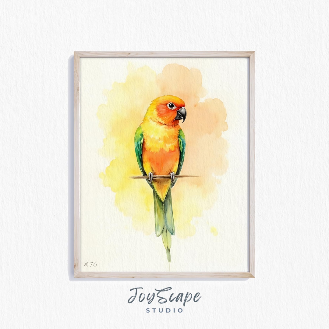 Sun Conure Watercolor Art - Vibrant Bird Printable Wall Art, Rustic ...
